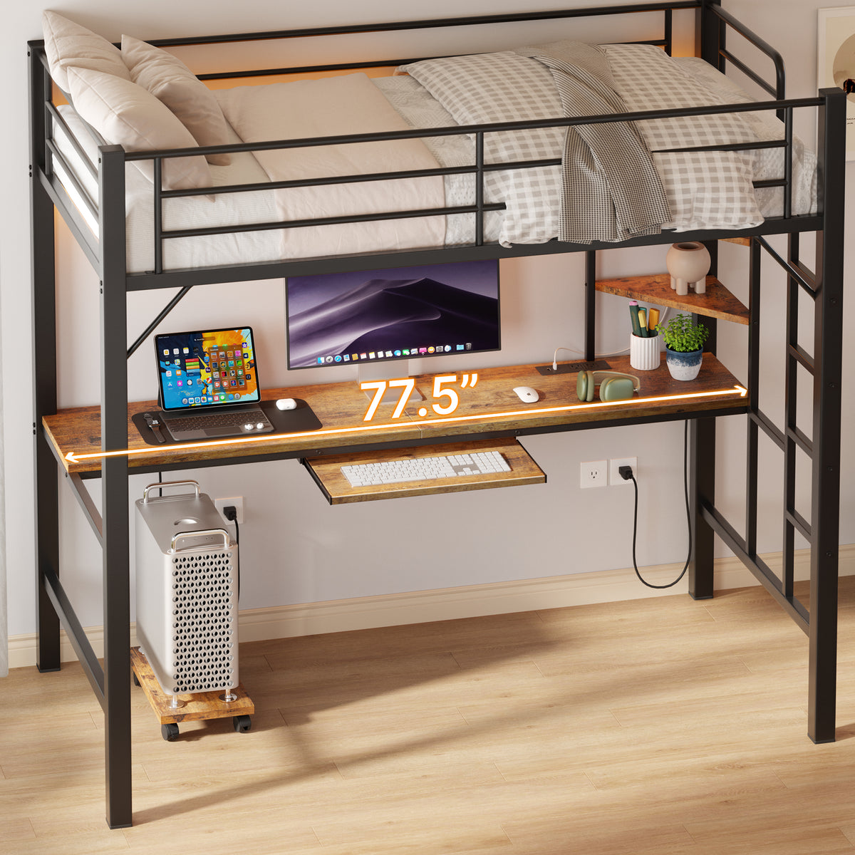 Gizoon Loft Bed Twin Size with Desk, Metal Twin Loft Bed Frame with Ch