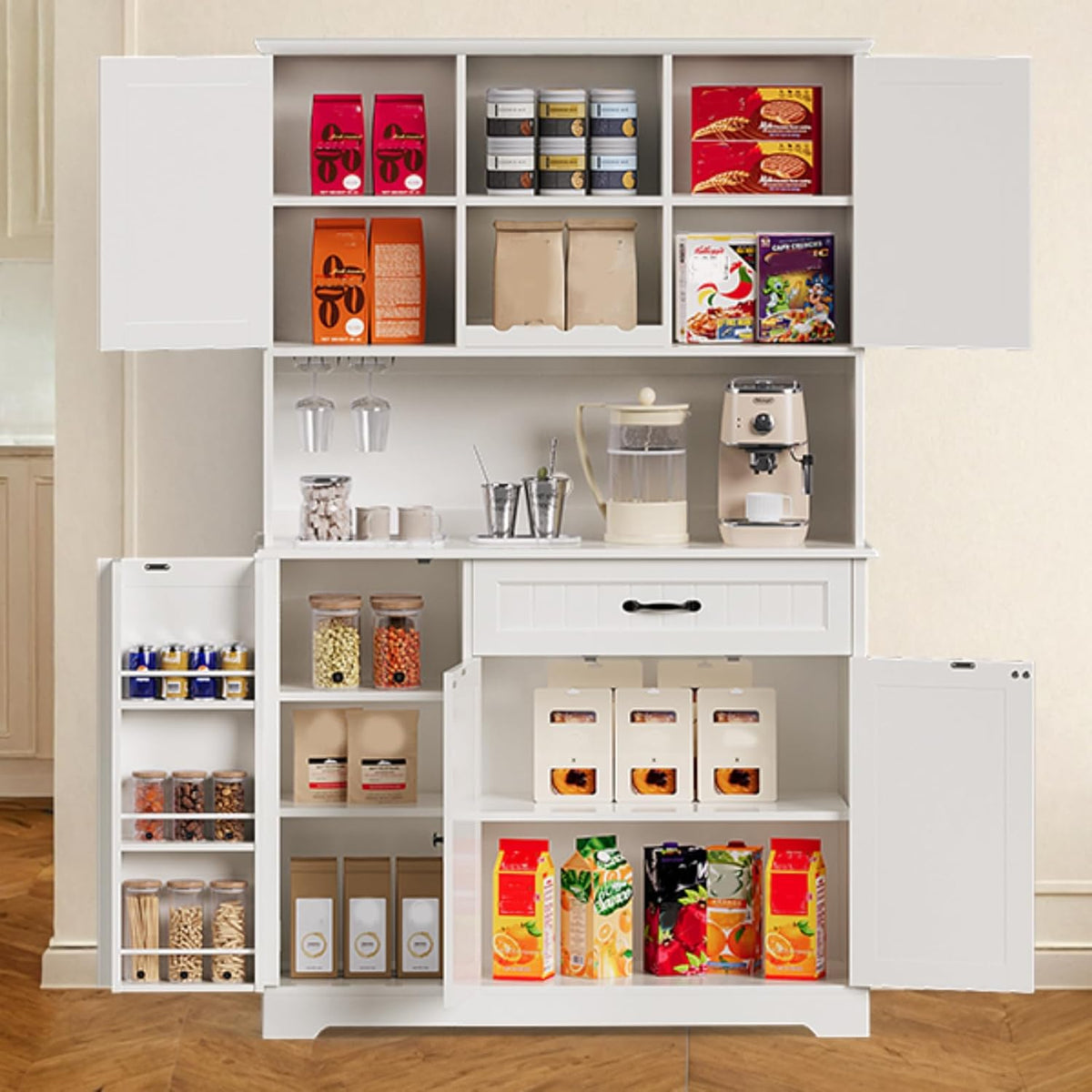 Gizoon Kitchen Pantry Cabinet with Microwave Shelf Tall Coffee Bar Cab