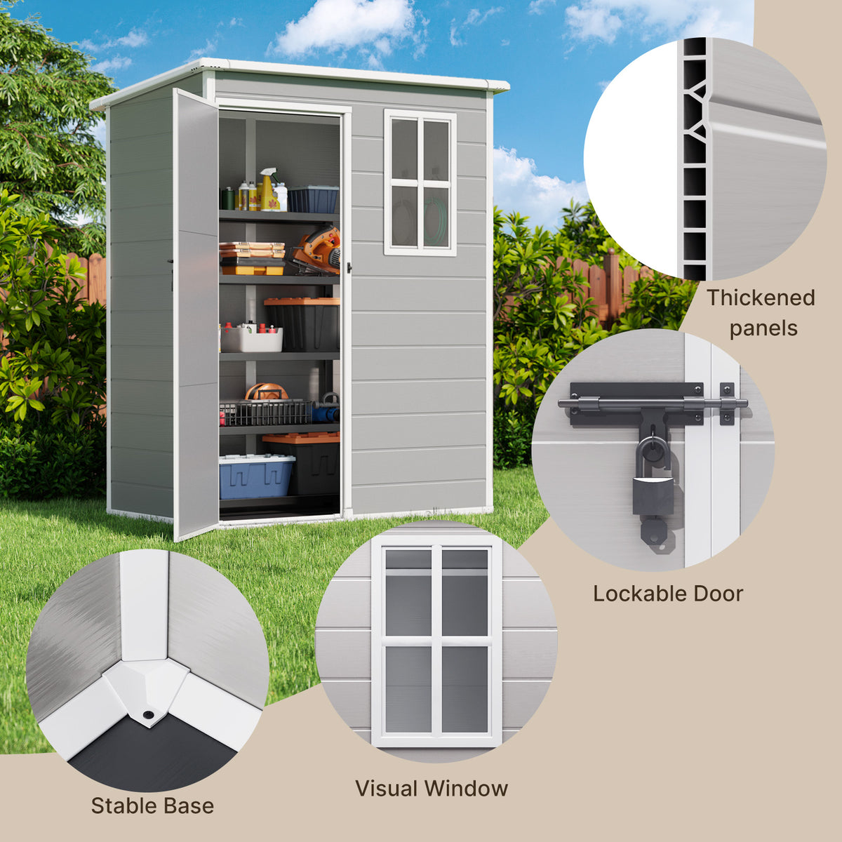 Gizoon 5X3 FT Resin Outdoor Storage Shed, Plastic Garden Sheds with Fl